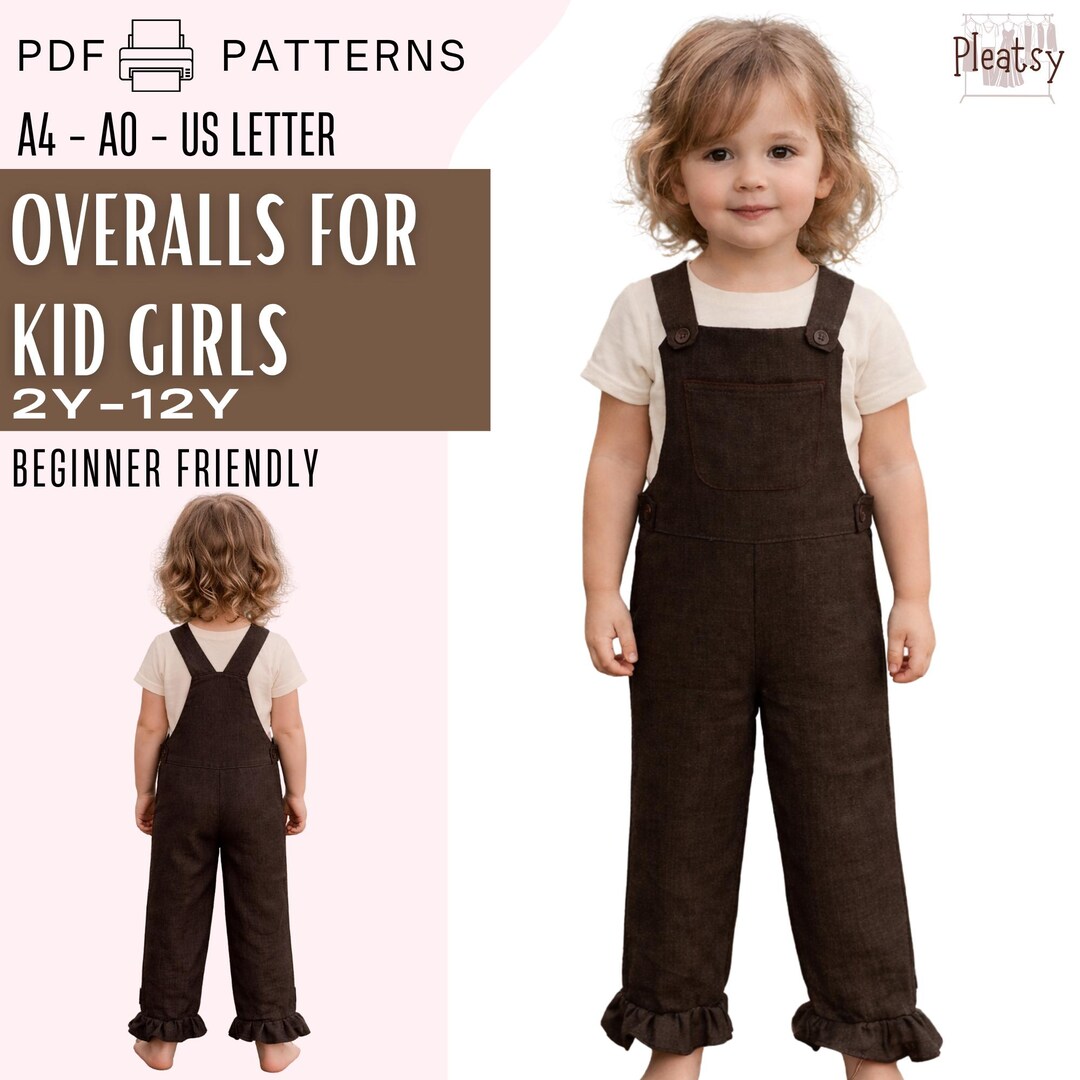 Toddler Girls Overalls PDF Pattern, Ruffle Hem Dungarees Button Strap ...