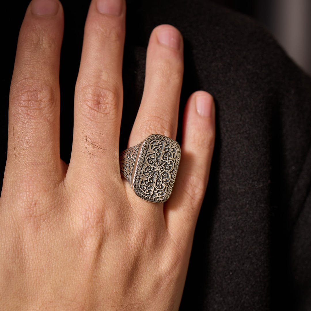 Men's Filigree Signet Ring: 925K Silver Baroque Statement Ring, Antique ...
