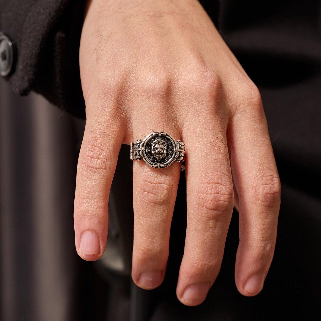 Lion Signet Ring for Men: Handmade Wild Animal Ring, 925K Silver ...