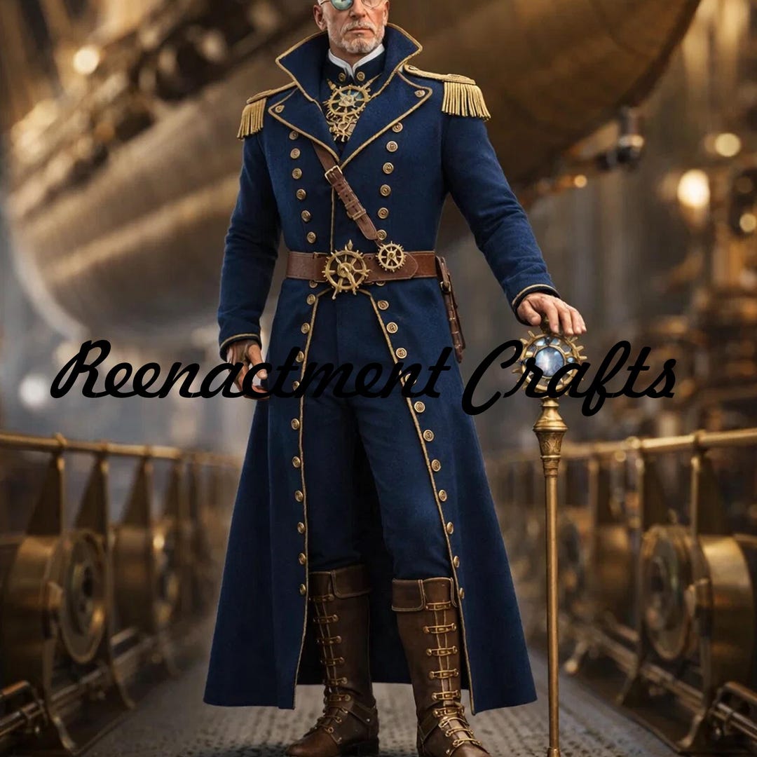 Victorian Steampunk Admiral Long Coat: Navy Blue Wool Military Officer ...