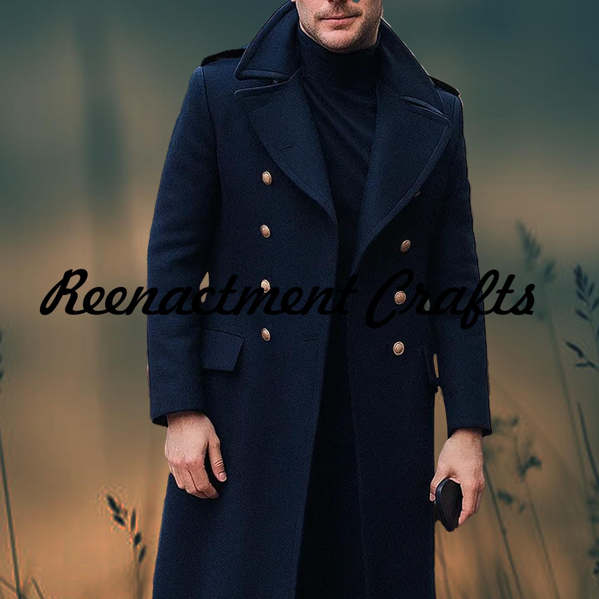 Navy Blue Wool Trench Long Overcoat: Victorian Gentleman Double ...