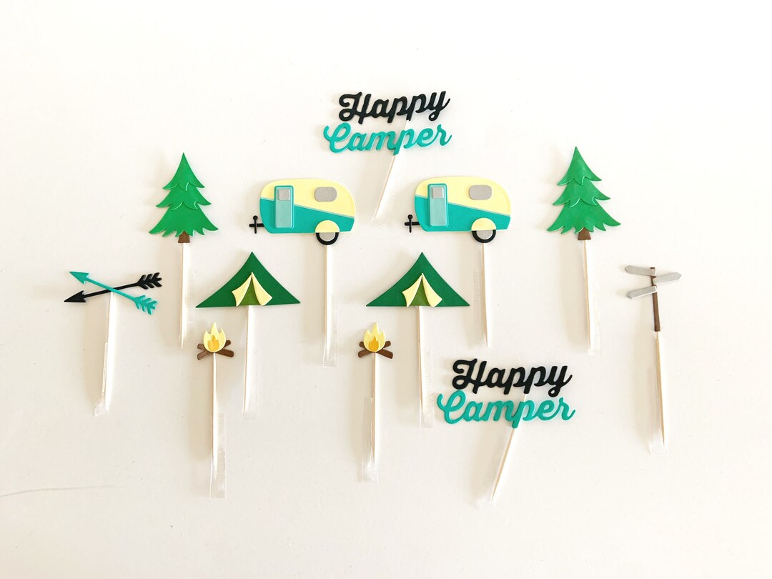 Happy Camper Cupcake Toppers, Birthday Party, Camping Theme Party ...