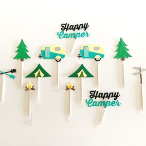 Happy Camper Cupcake Toppers, Birthday Party, Camping Theme Party ...