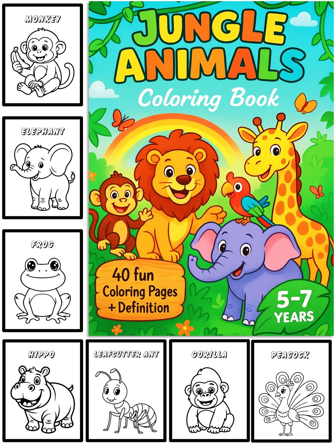 Jungle Animals Coloring Book | 40 Printable Pages for Kids | Fun Safari ...