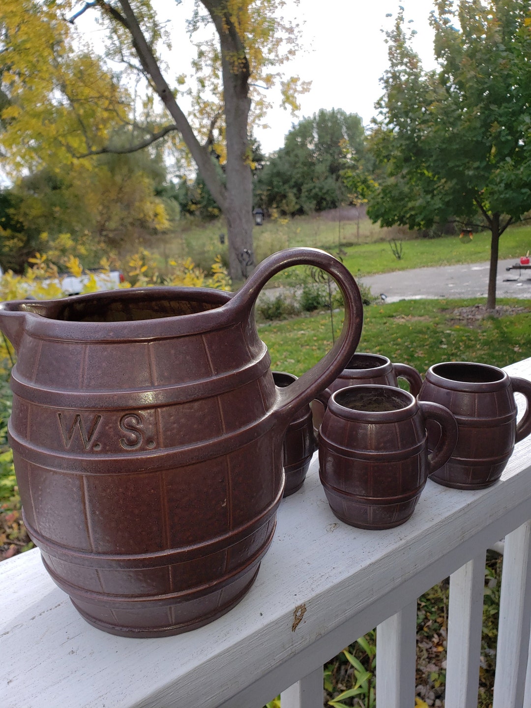 Redware Barrel Shaped Pitcher and 4 Barrel Mugs - Etsy