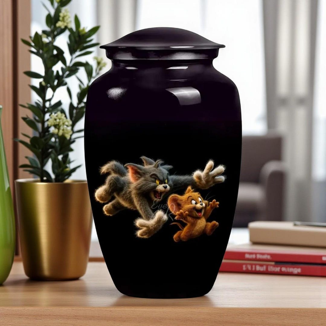Playful Cartoon Cat and Mouse Cremation Urn Unique Adult Ashes Memorial ...