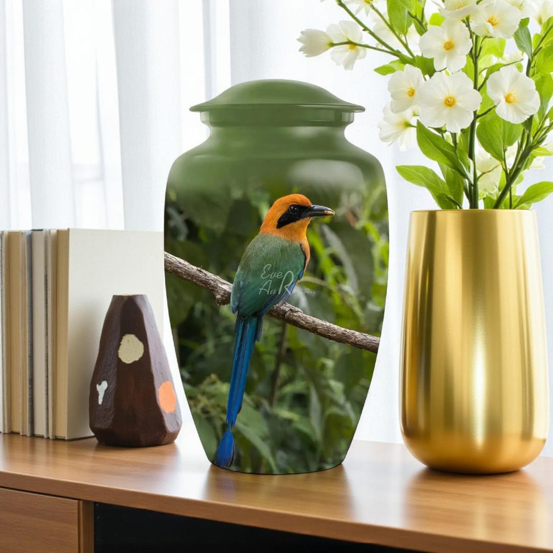 Vibrant Motmot Bird Urn Green Tropical Cremation Ashes Memorial ...