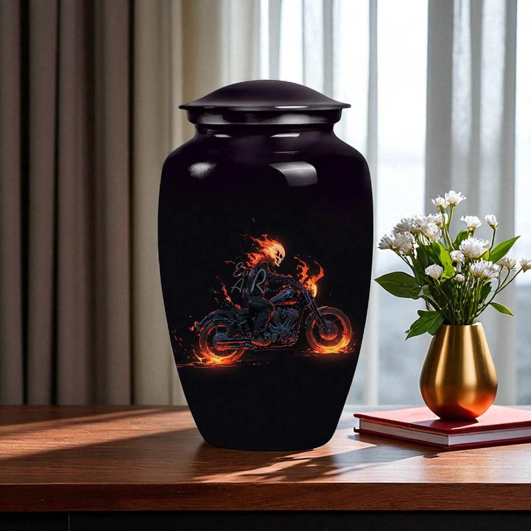 Adult Cremation Urn for Human Ashes Black Biker Urn With Fiery ...