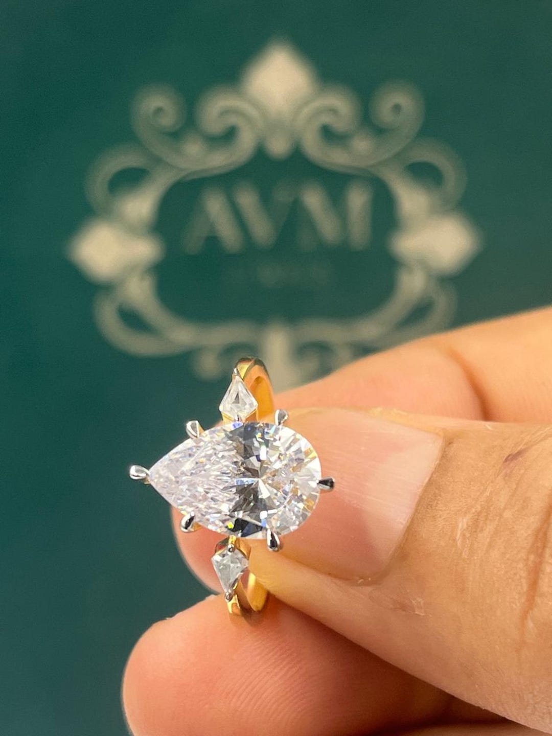 Pear Cut Three-stone Engagement Ring in 14k Yellow Gold – AVM Jewels - Etsy