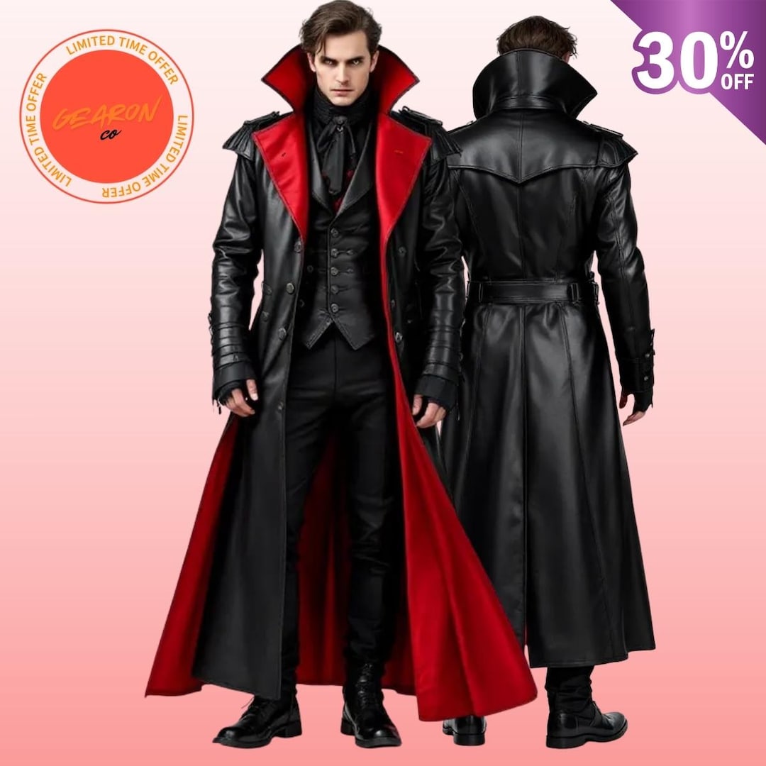 Men's Gothic Vampire Coat | Black and Red Leather Trench | Victorian ...