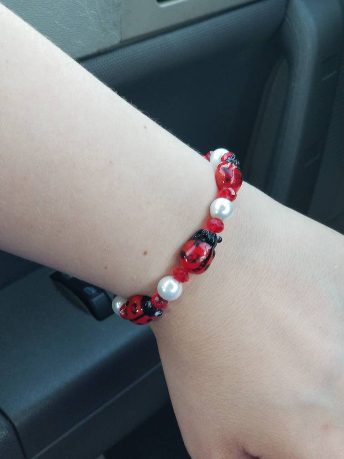 Lady Bug Love Bug Valentine's Day Bracelet With Red and White Pearl ...