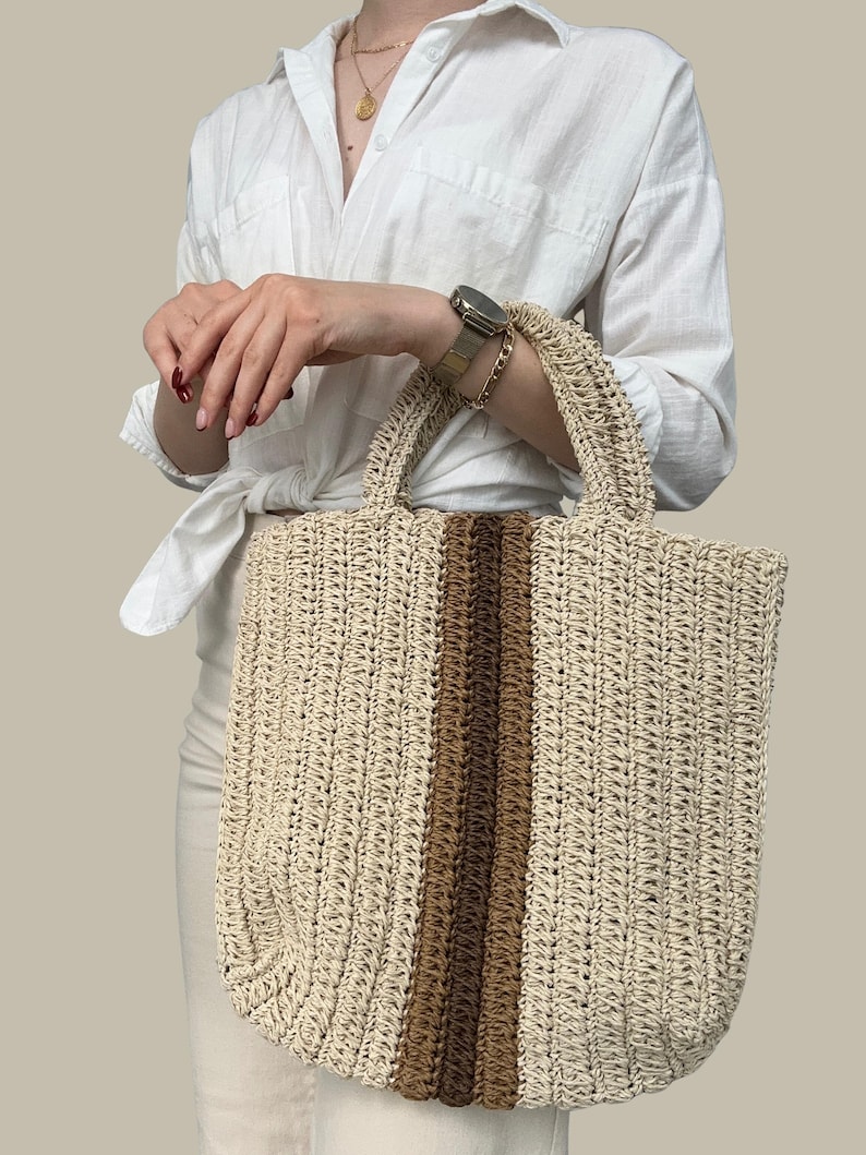 Crochet Tote Bag With Lining and Snap Closure, Striped Design - Etsy