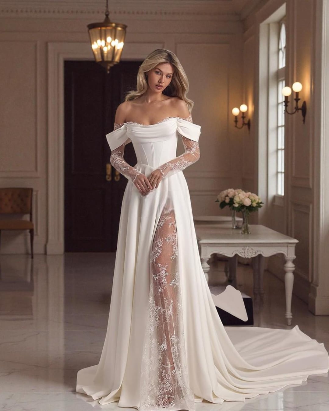 Off Shoulder Wedding Dress With Lace Sleeves, Slit Bridal Gown for ...
