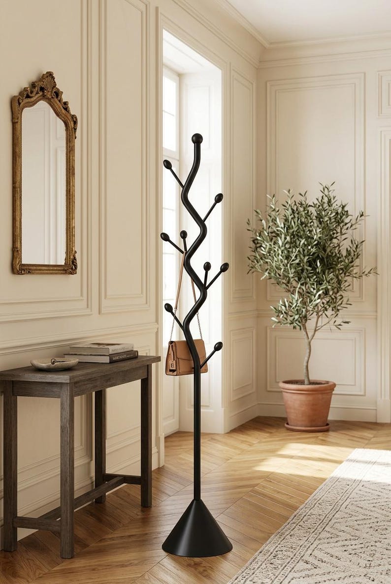 Tree Shaped Coat Rack, Gold Metal, Cast Iron Base, 8 Hooks, Modern ...