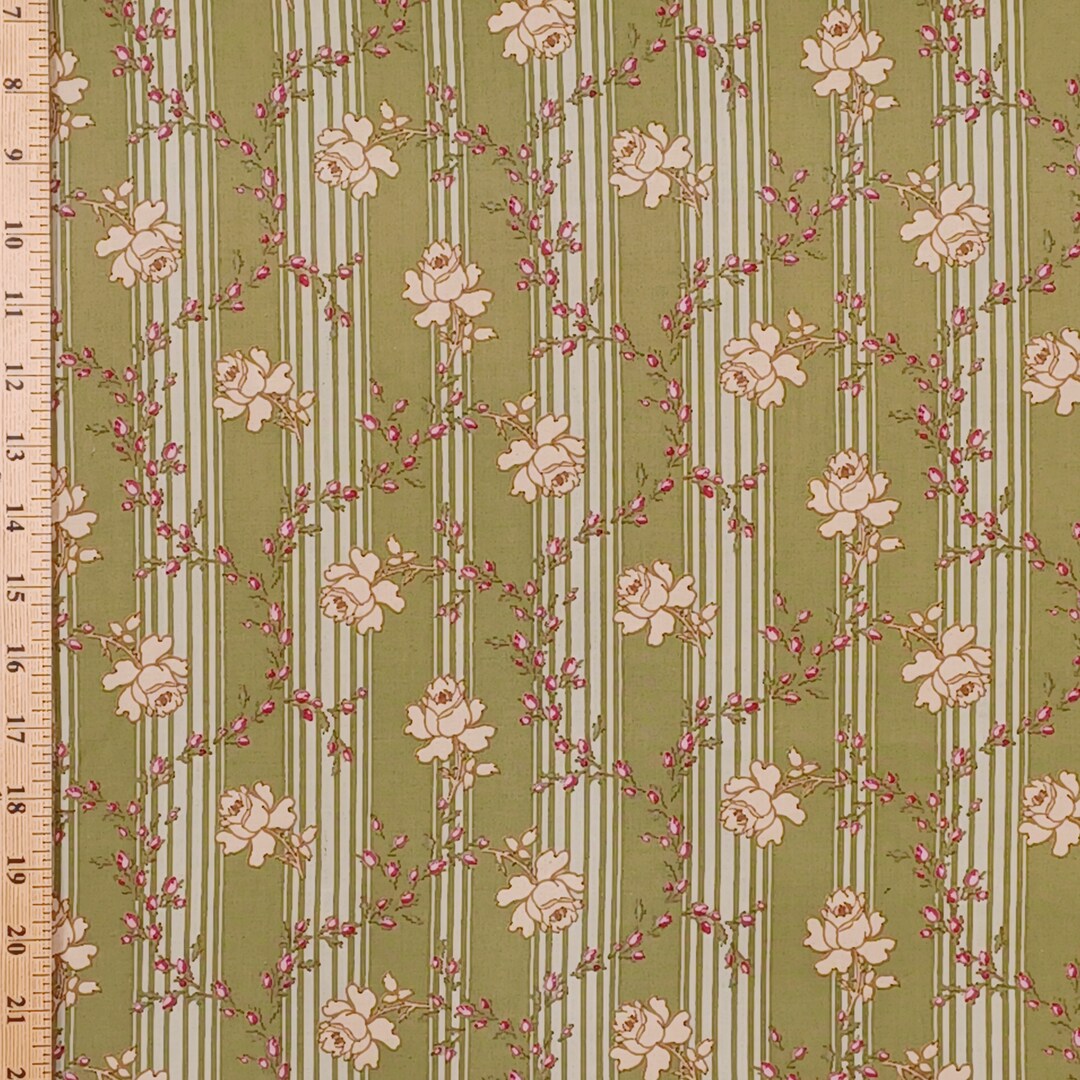 1 Yard Classic A TOUCH OF PARIS Rose Rosebud Stripe Sage Pink Cream ...