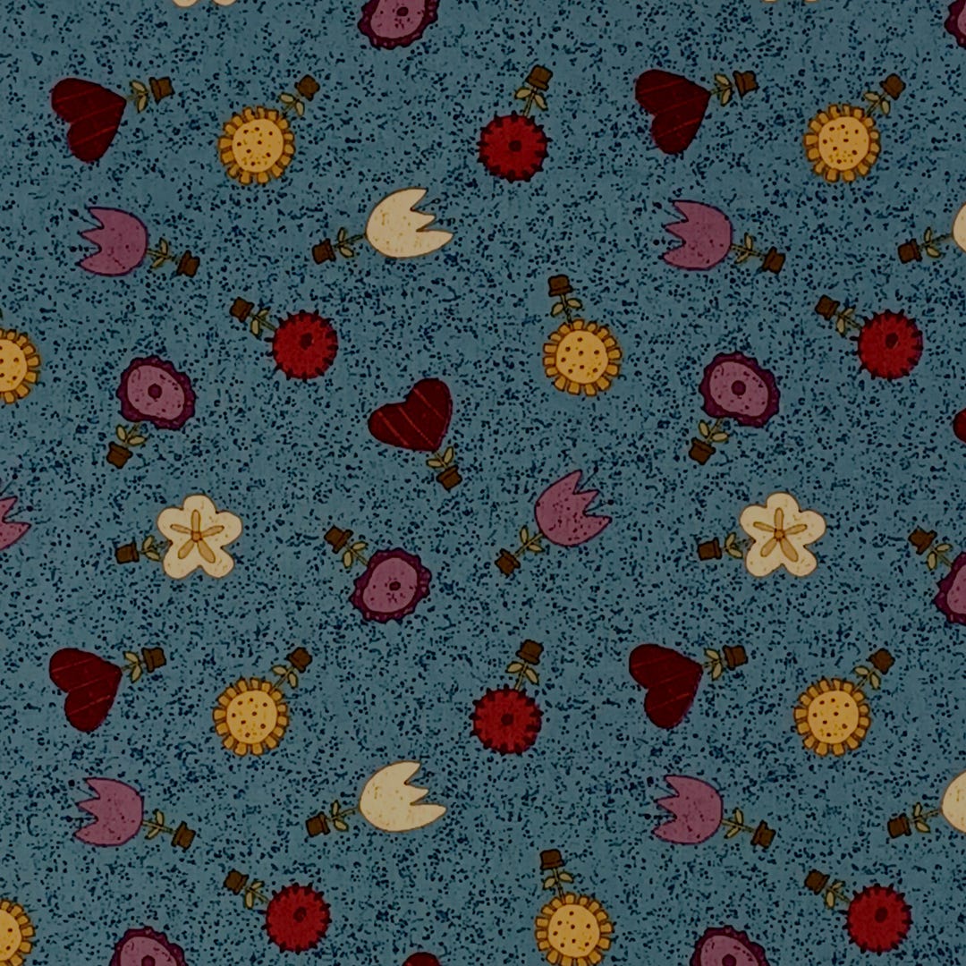 1 Yard PRIMITIVE HEARTS & FLOWERS Fat Cats Prim Folk Art Colonial Blue ...