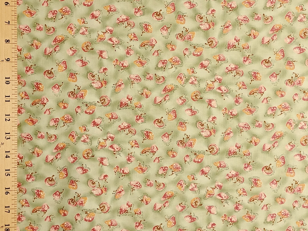 1 Yard PETIT MUSHROOM TOSS Sage Yellow Green Fungi Lancashire's ...