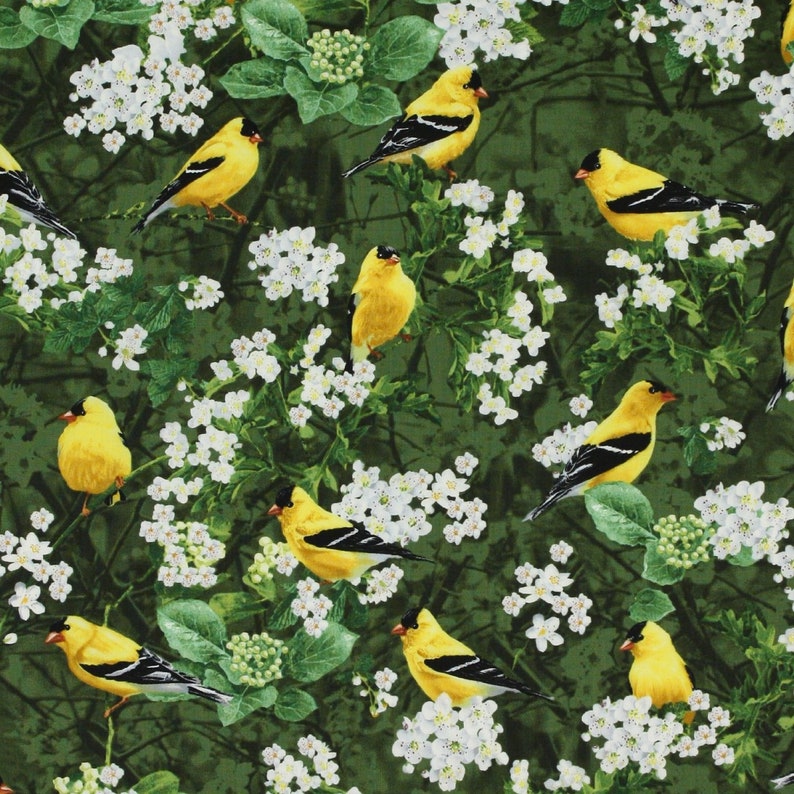 1 Fat Quarter GOLDFINCHES Trees Flowering Shrubs Yellow Green Forest ...