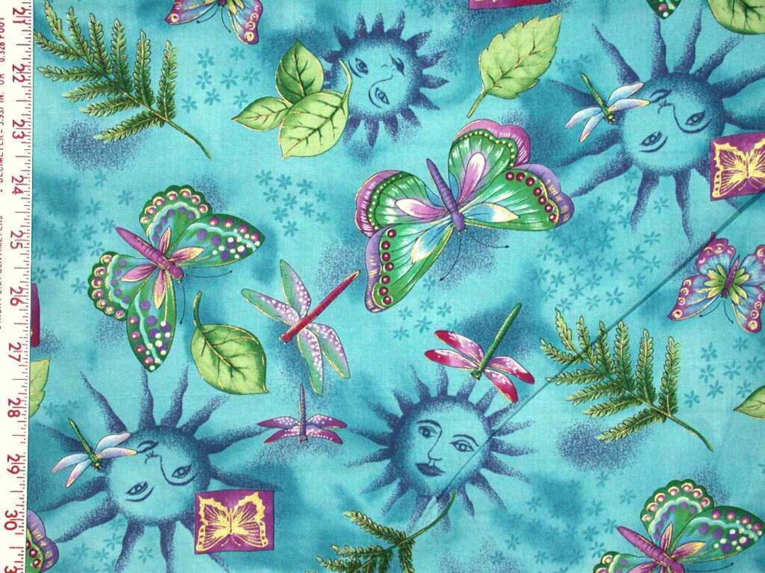 1 Fat Quarter CELESTIAL DRAGONFLY SUN Butterfly Fern Night Sky Gold ...