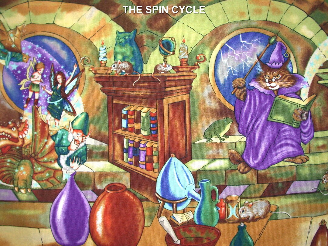 1/2 Yard Magical WIZARDS & WHIMSY DRAGONS Stripe Alchemy Potions Fairy Cat Purple Gold Child ...