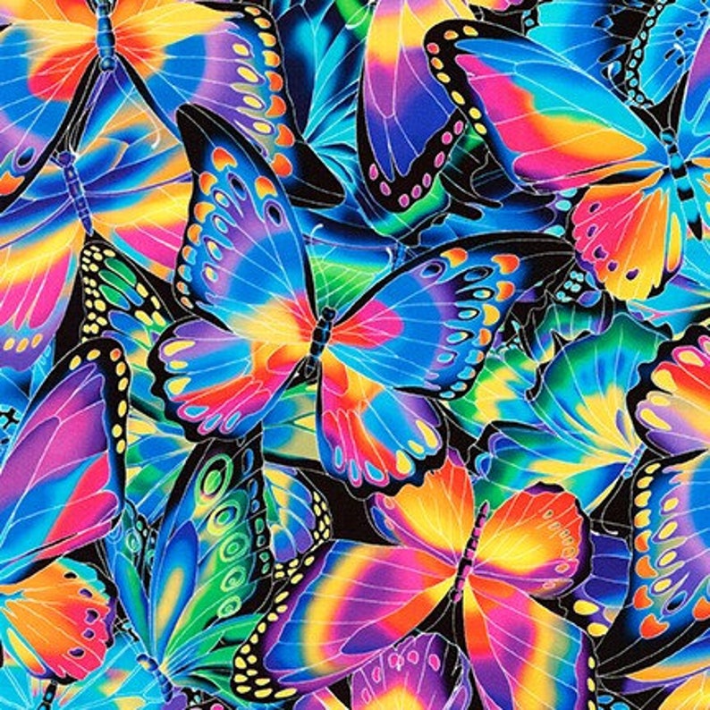 1 Yard Gorgeous BUTTERFLY COLLAGE Nature Studies Rainbow Digital ...