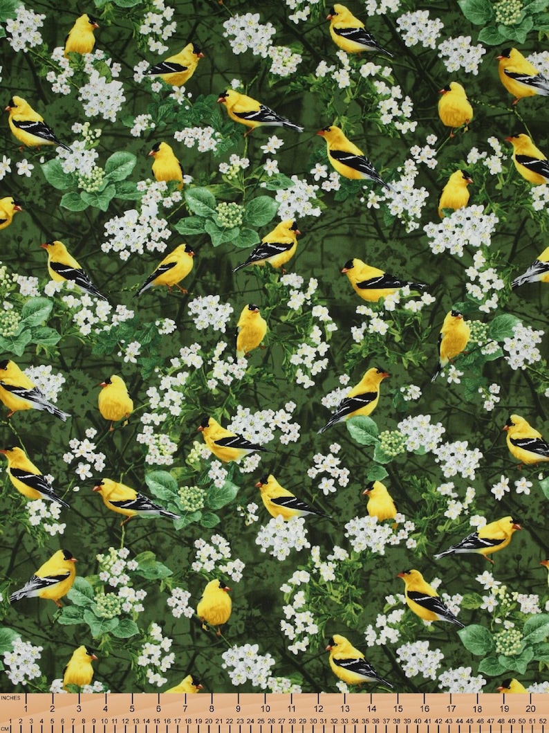 1 Fat Quarter GOLDFINCHES Trees Flowering Shrubs Yellow Green Forest ...