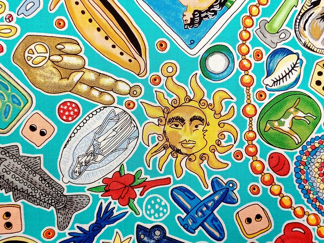 1 Fat Quarter Fiesta GOOD LUCK CHARMS Aqua Symbols Taro - Etsy