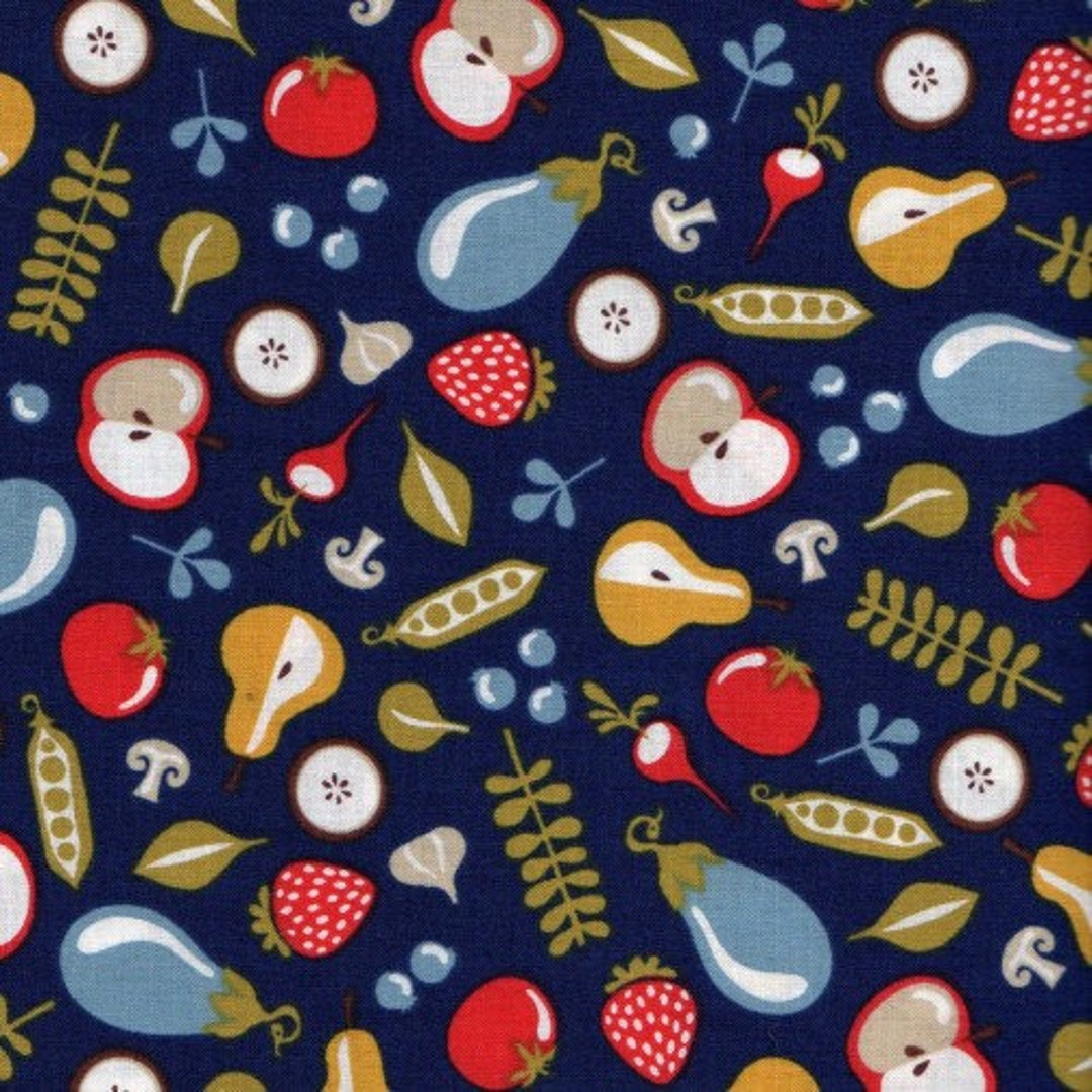 1 Fat Quarter Retro MOD KITCHEN Blue 1950's Style Tiny Vegetable Fruit ...