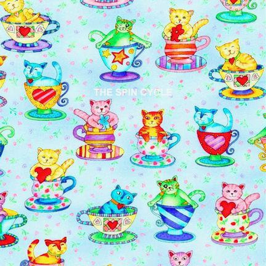 1 Yard Flannel Sweet TEACUP KITTIES Cute to Boot Cats Cups Bright ...