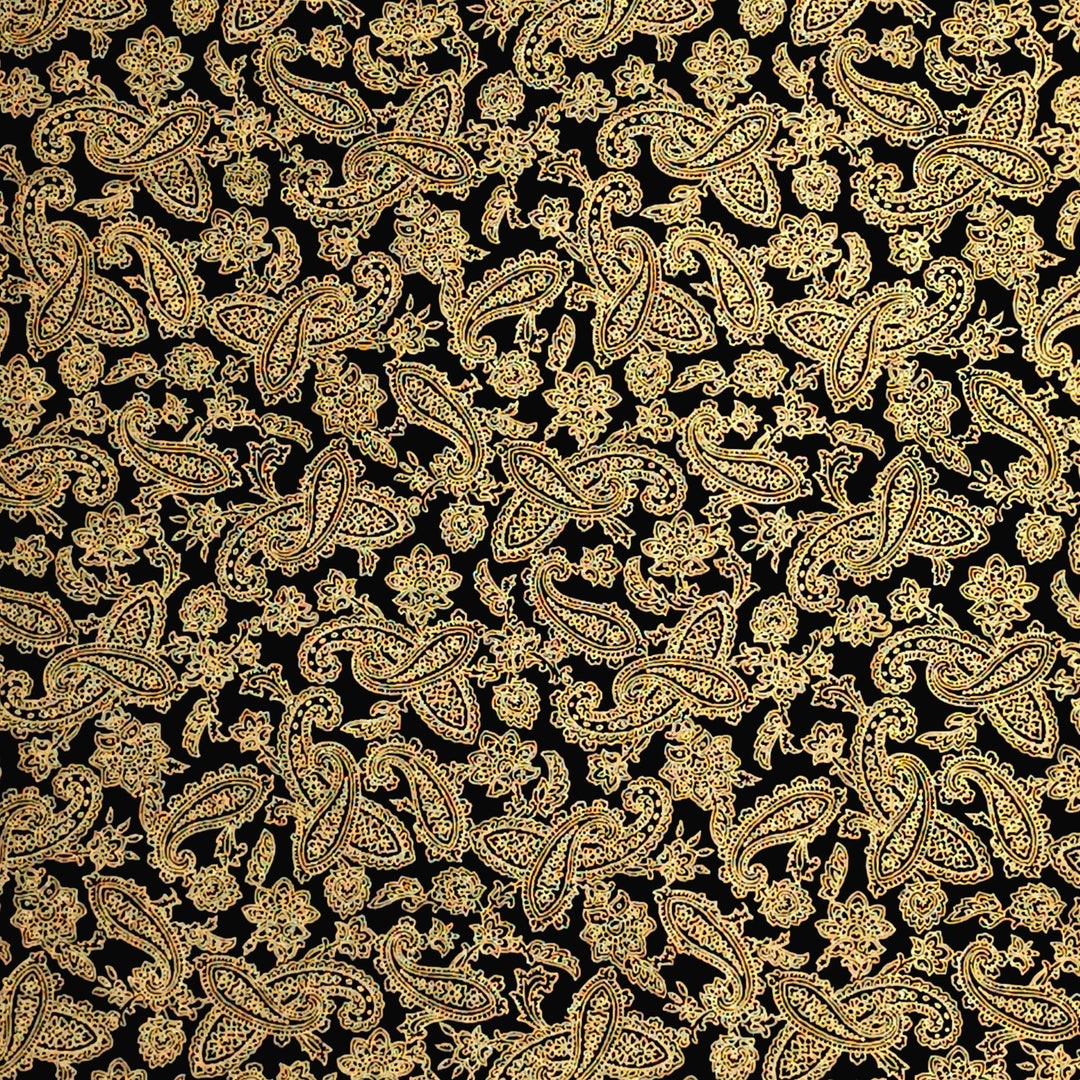 1 Yard Classic MIDAS TOUCH Thick Metallic Gold Paisley Pattern Black ...