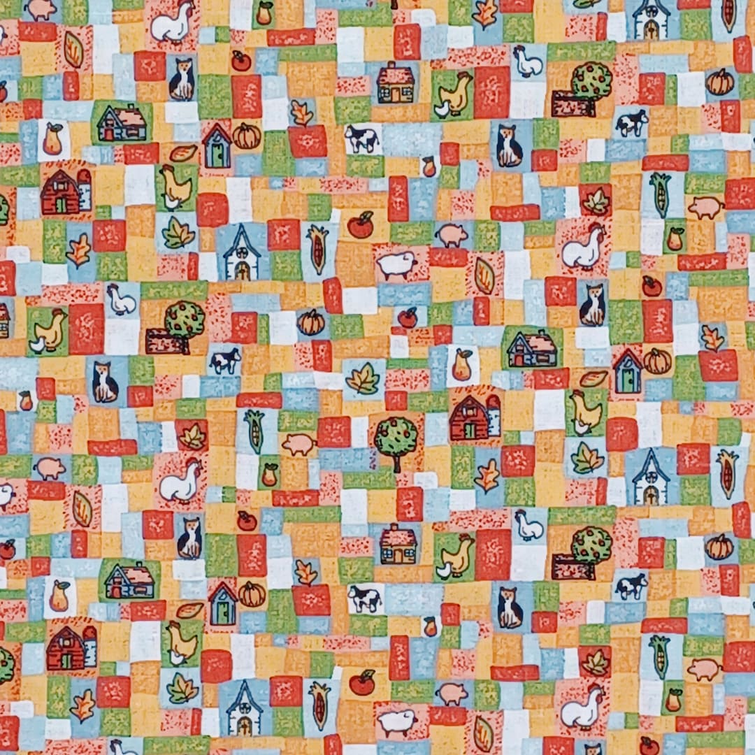 1 Yard Vintage RURAL FARM SQUARES Checks Patches Chicken Cow Barn Sheep ...