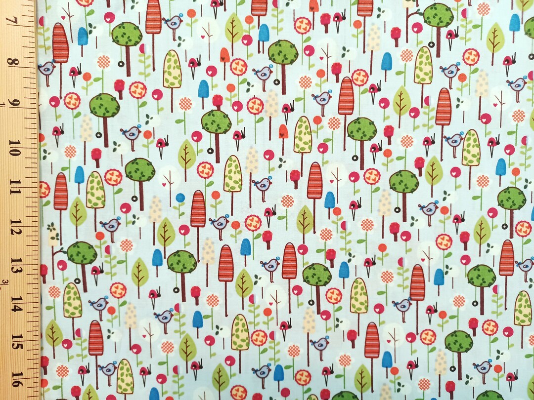 1 Fat Quarter TREE PARK Trees Birds Stylized Trees Blue Child Nursery ...