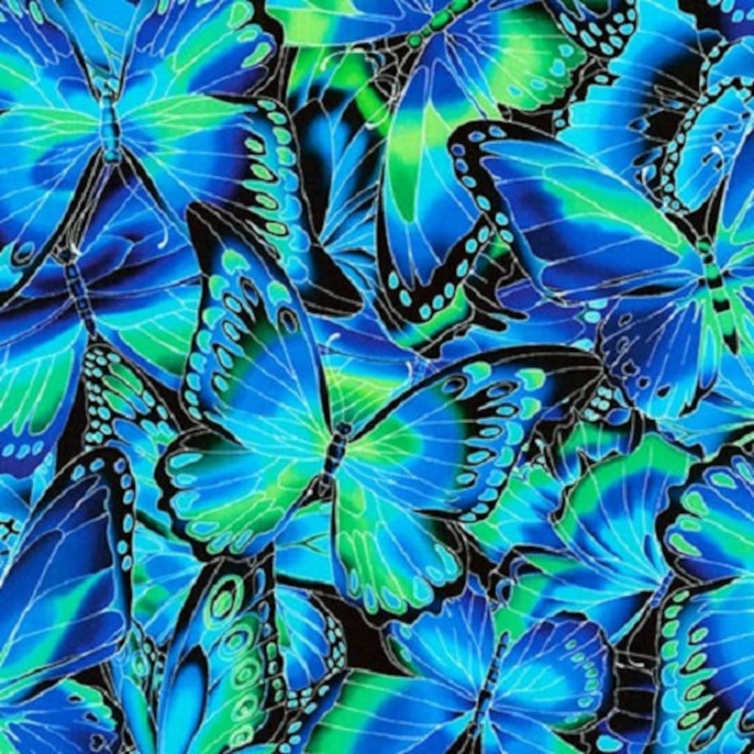 1 Yard Gorgeous BUTTERFLY COLLAGE Nature Studies Aqua Green Digital ...