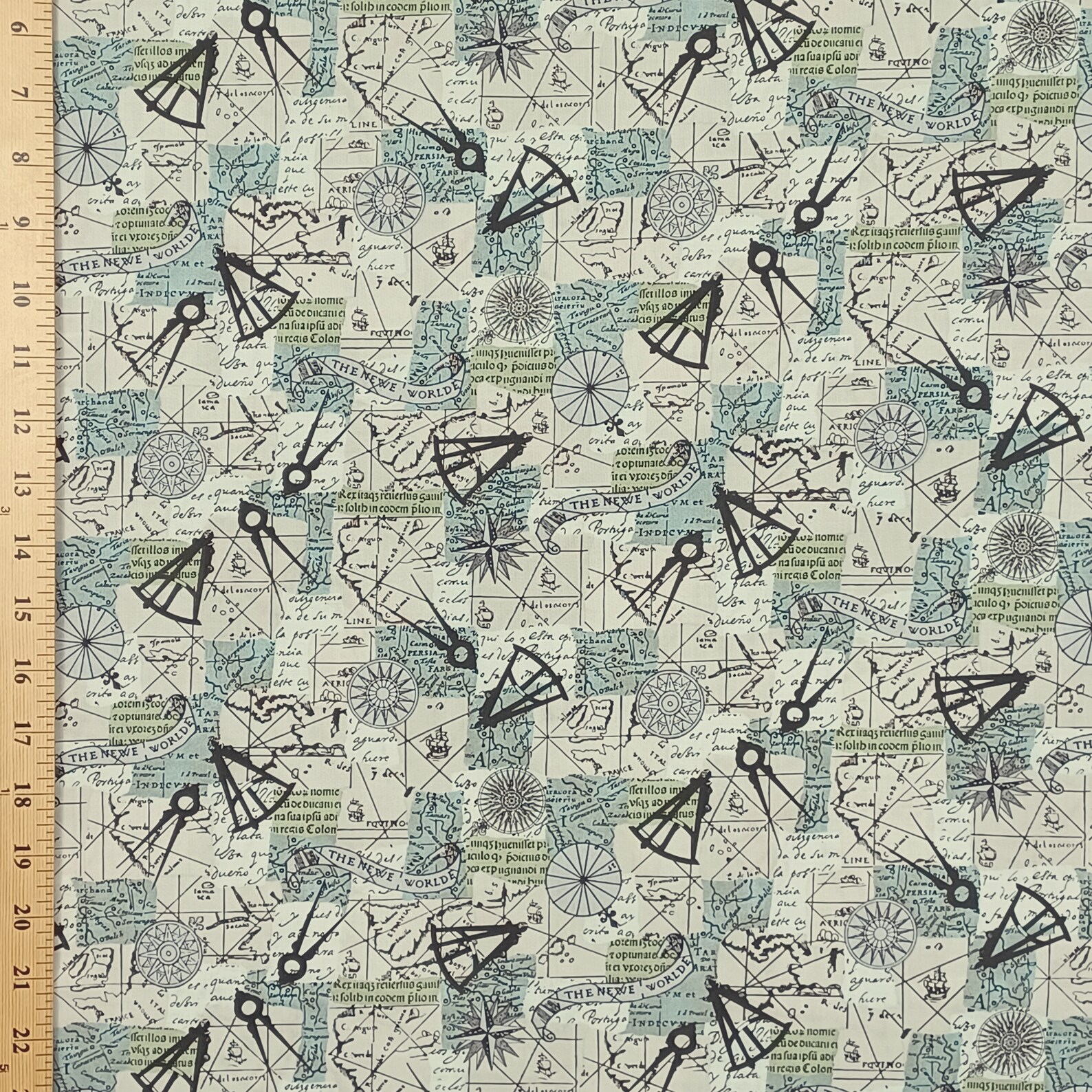 1 Yard NEW WORLD MAP Vintage Explorer Ship Chart Compass Sextant ...