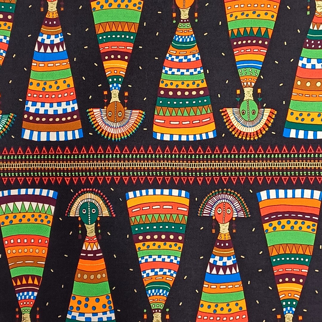 1/2 Yard MY AFRICAN VILLAGE Mask Figures Orange Lime Tribal Indigenous ...