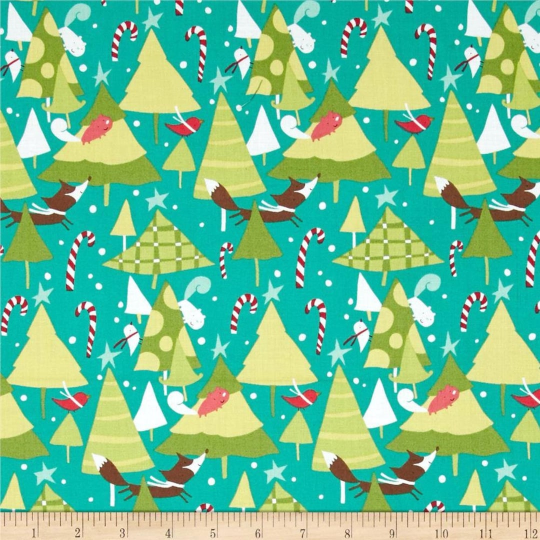 1 Fat Quarter Winter Wonderland TREE FARM 097 Cand Candy Cane Fox Bird ...