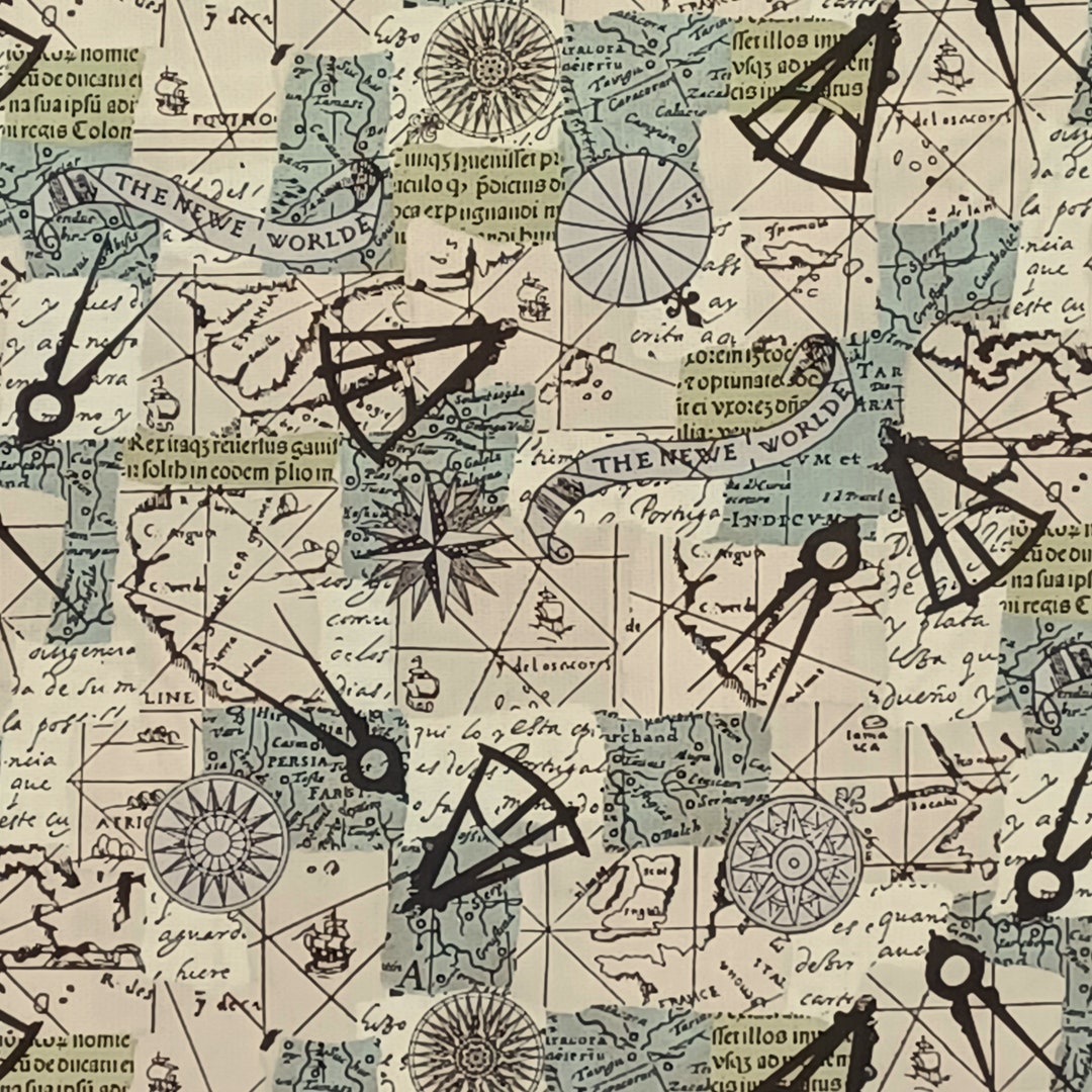 1 Yard NEW WORLD MAP Vintage Explorer Ship Chart Compass Sextant ...