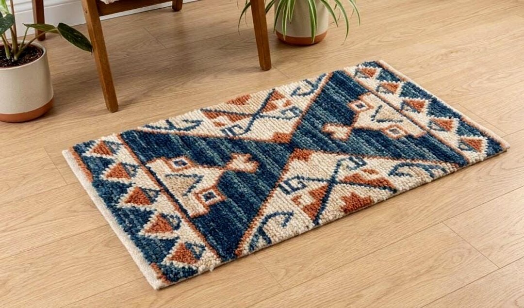 Handmade Tufted Wool Carpet: Geometric Pattern in Blue & Terracotta - Etsy