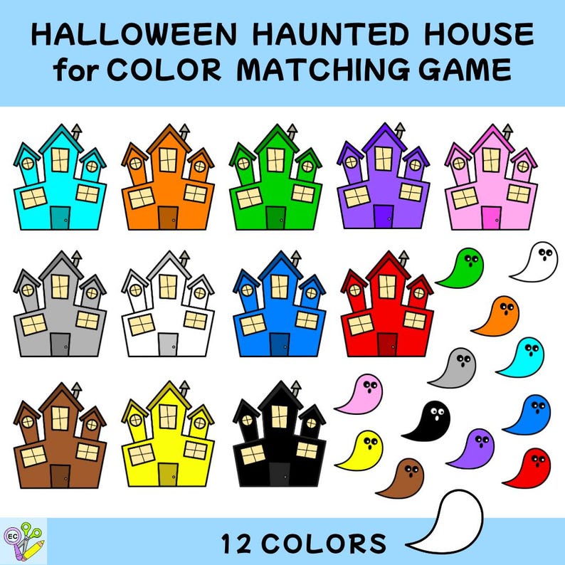 Halloween Clipart Set | Haunted House & Ghosts in 12 Colors | Color ...