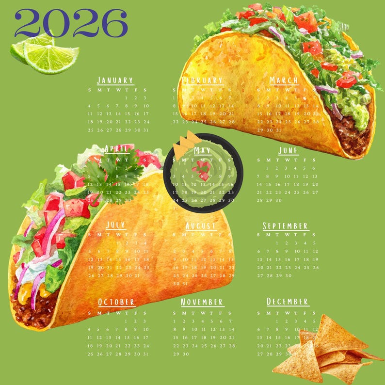 Dos Tacos Year at a Glance Printable 2026 Calendar, One Page, Instant ...