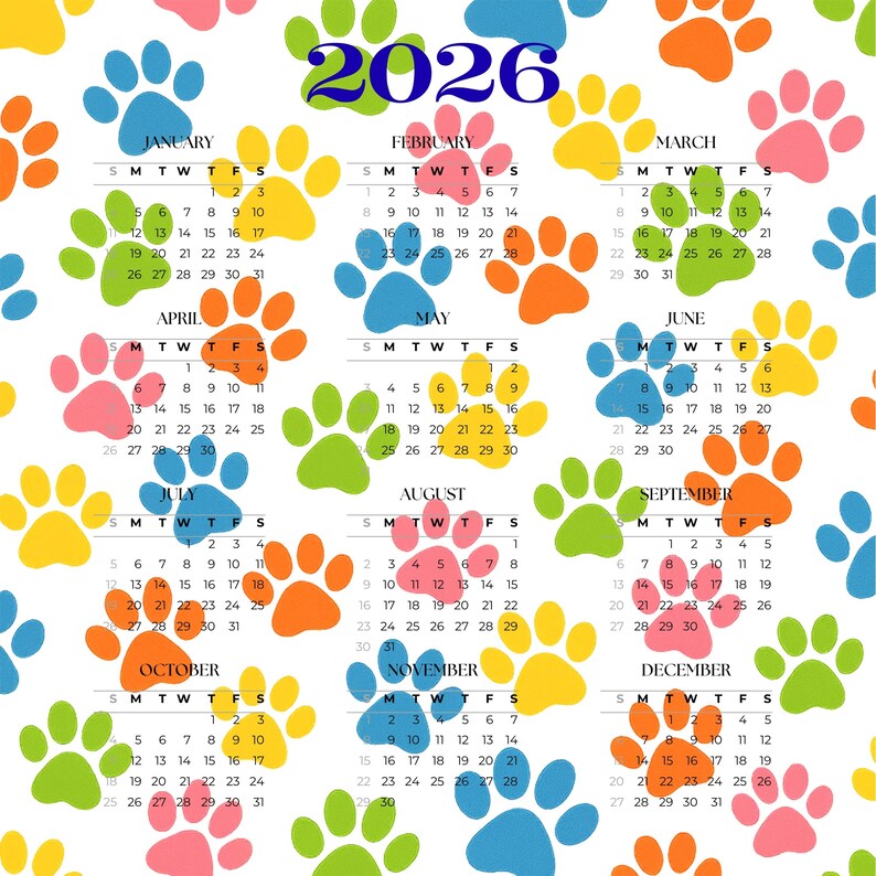 Paw Prints Year at a Glance Printable 2026 Calendar, One Page, Instant ...