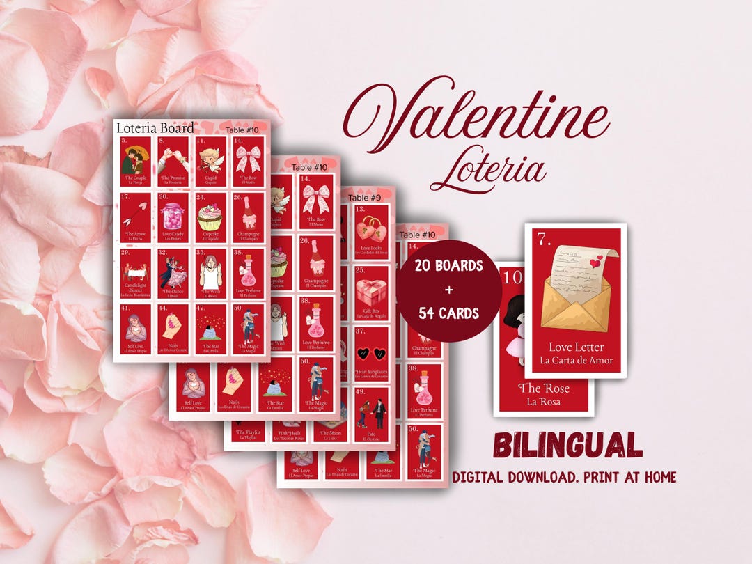Bilingual Valentine's Latino Loteria, 20 Printable Boards ...