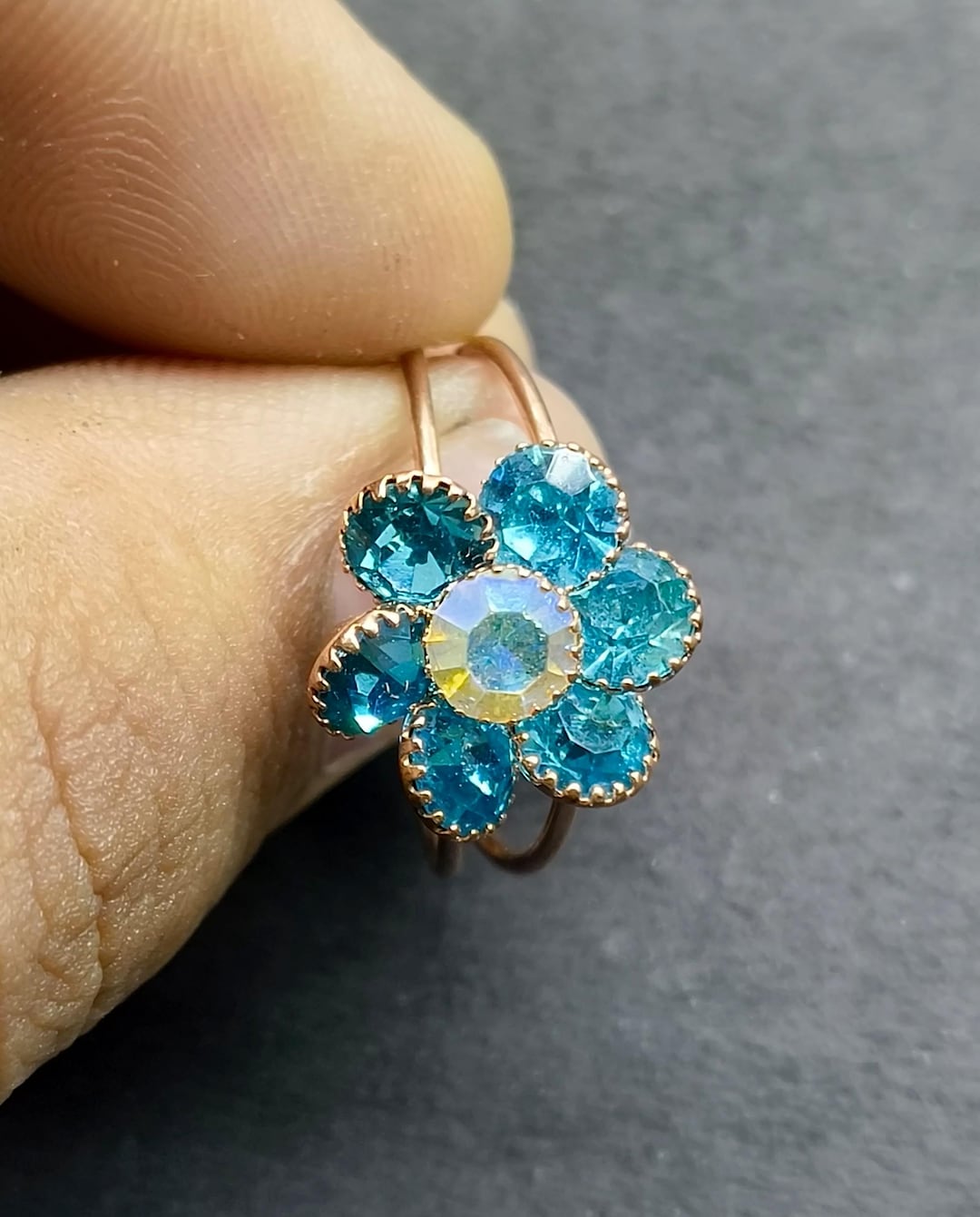 Blue Topaz Flower Ring: Rose Gold 18K Wedding Jewelry, Size 8.25 US - Etsy