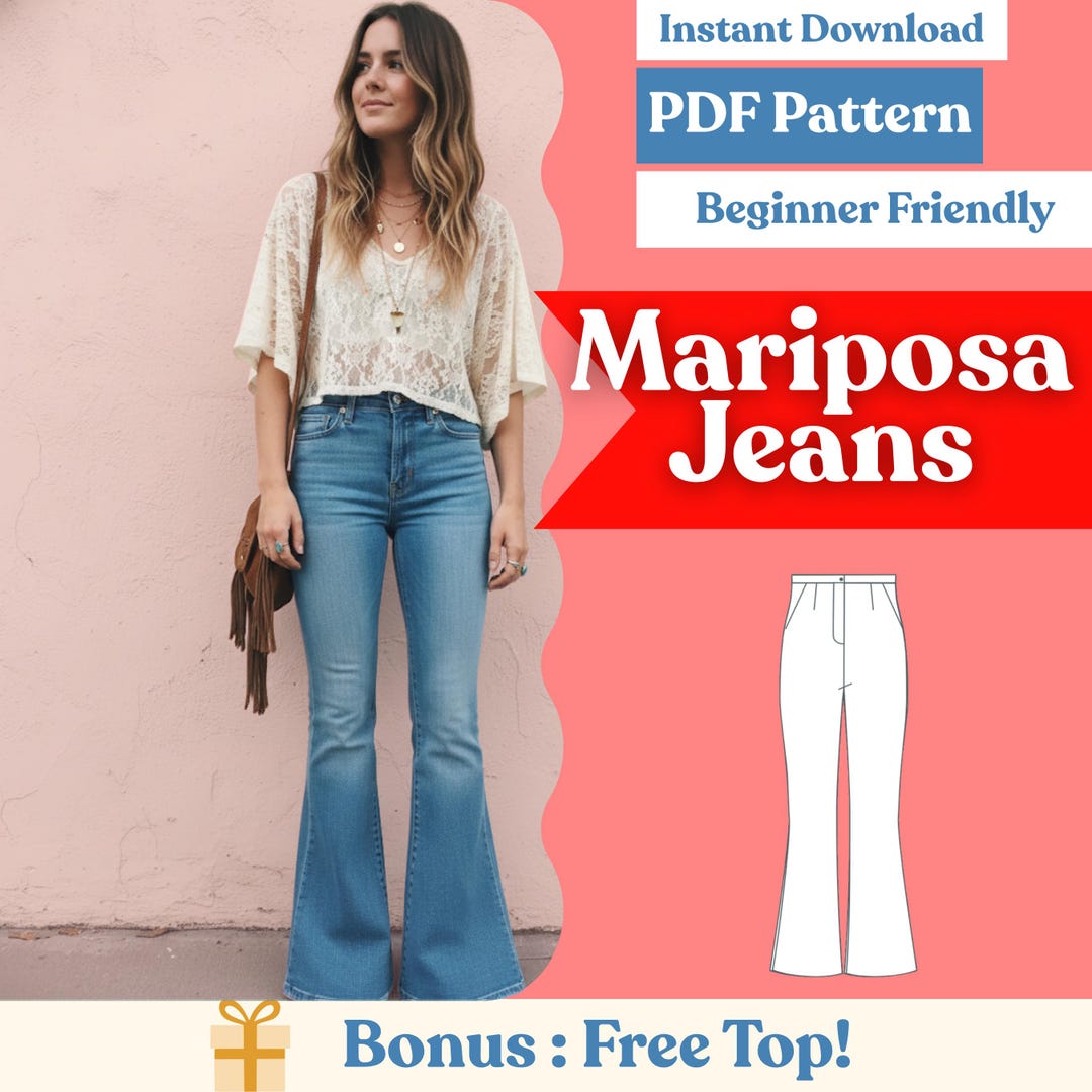 Flared Jeans Sewing Pattern (PDF) – Women’s High-waist, Bell-bottom ...