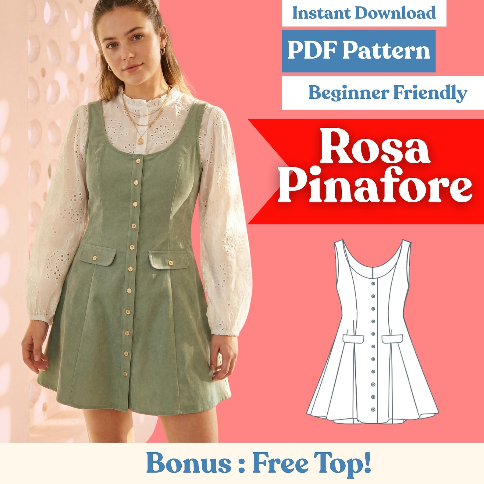 Pinafore / Jumper Dress Sewing Pattern: Scoop Neck Button-front Fit ...