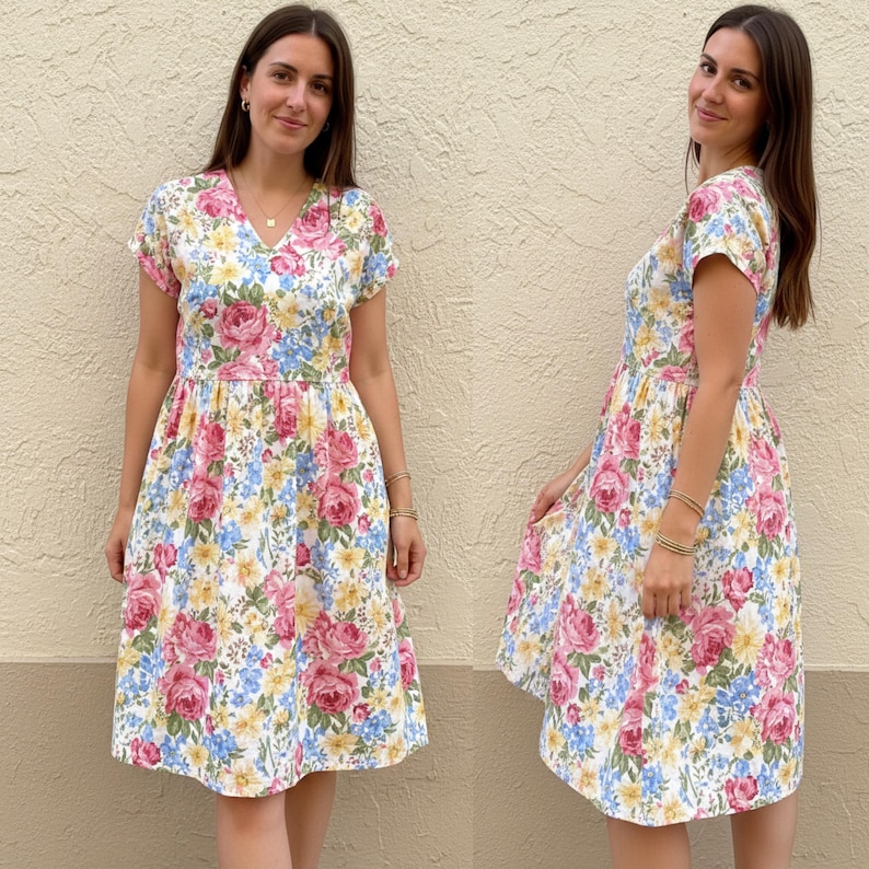 V-neck Gathered-waist Dress Sewing Pattern PDF | Short Sleeve Fit ...