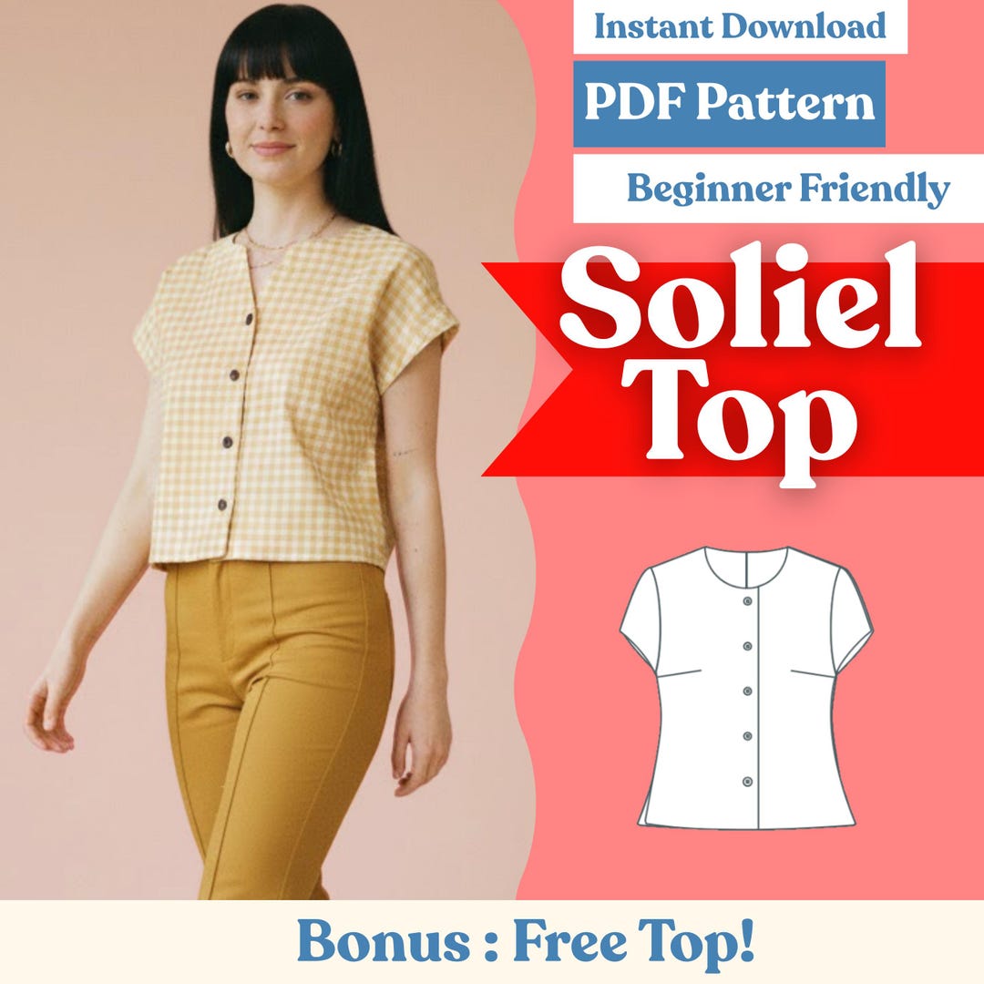 Cropped Button-up Blouse Sewing Pattern (PDF) | Round-neck Short-sleeve ...