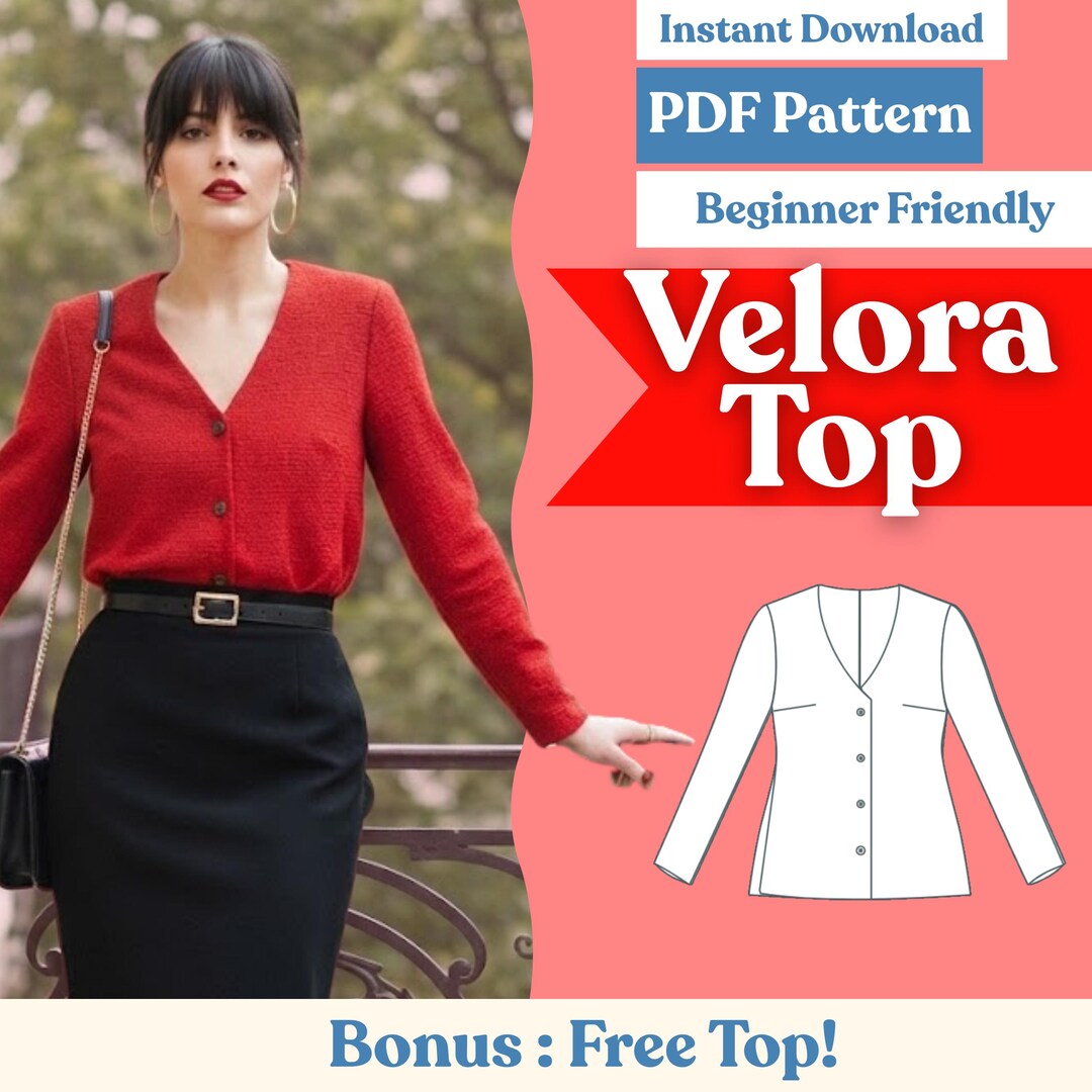 V-neck Button-up Blouse Sewing Pattern: Women’s Long Sleeve Top (PDF ...