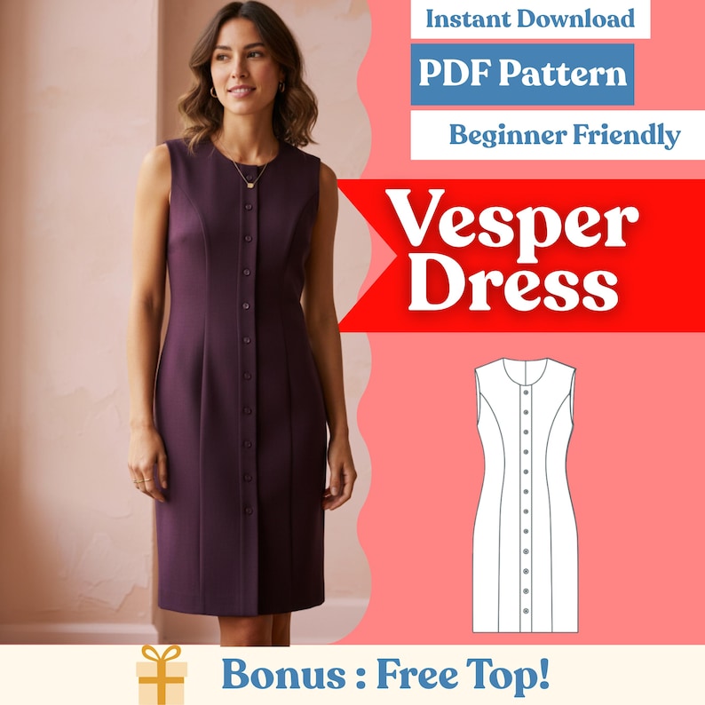Button-front Sheath Dress Sewing Pattern (PDF) – Women’s Sleeveless ...