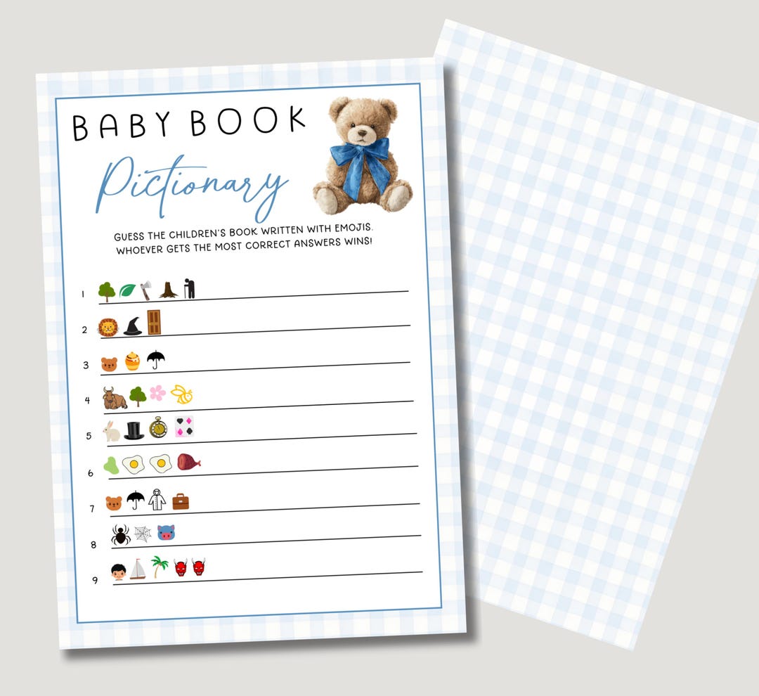 Blue Teddy Bear Themed Baby Shower Game - Baby Book Pictionary ...